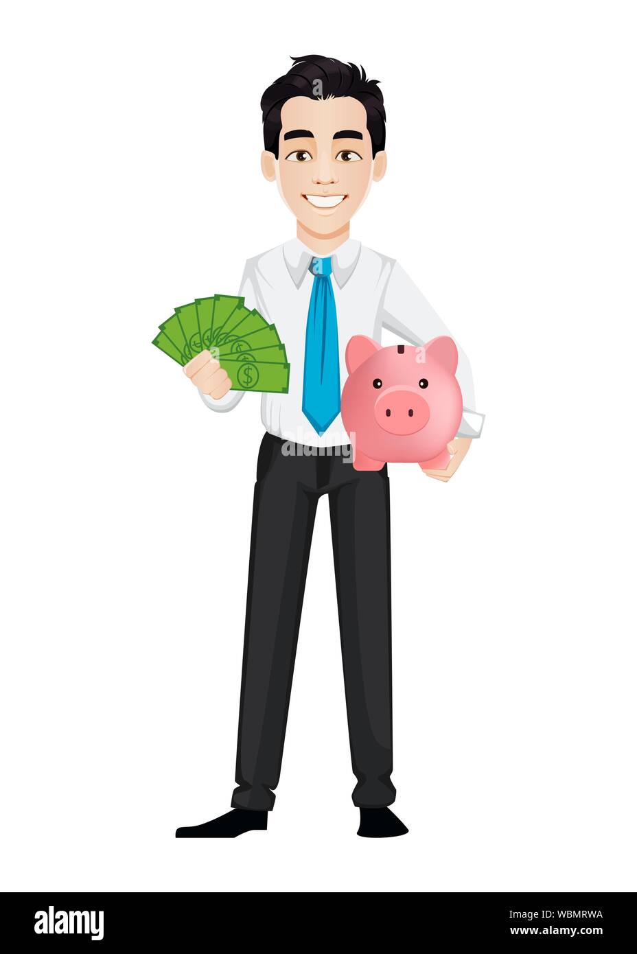 Young business man holding money and piggy bank. Handsome businessman ...