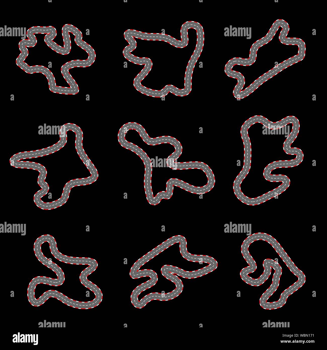 Set of nine different custom made race circuits isolated on black ...