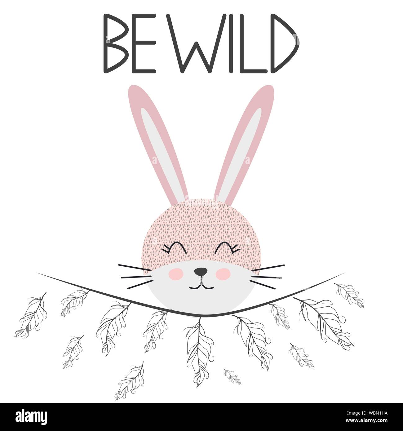 Cute sweet little rabbit smiling face with feathers. Lettering quote Be ...