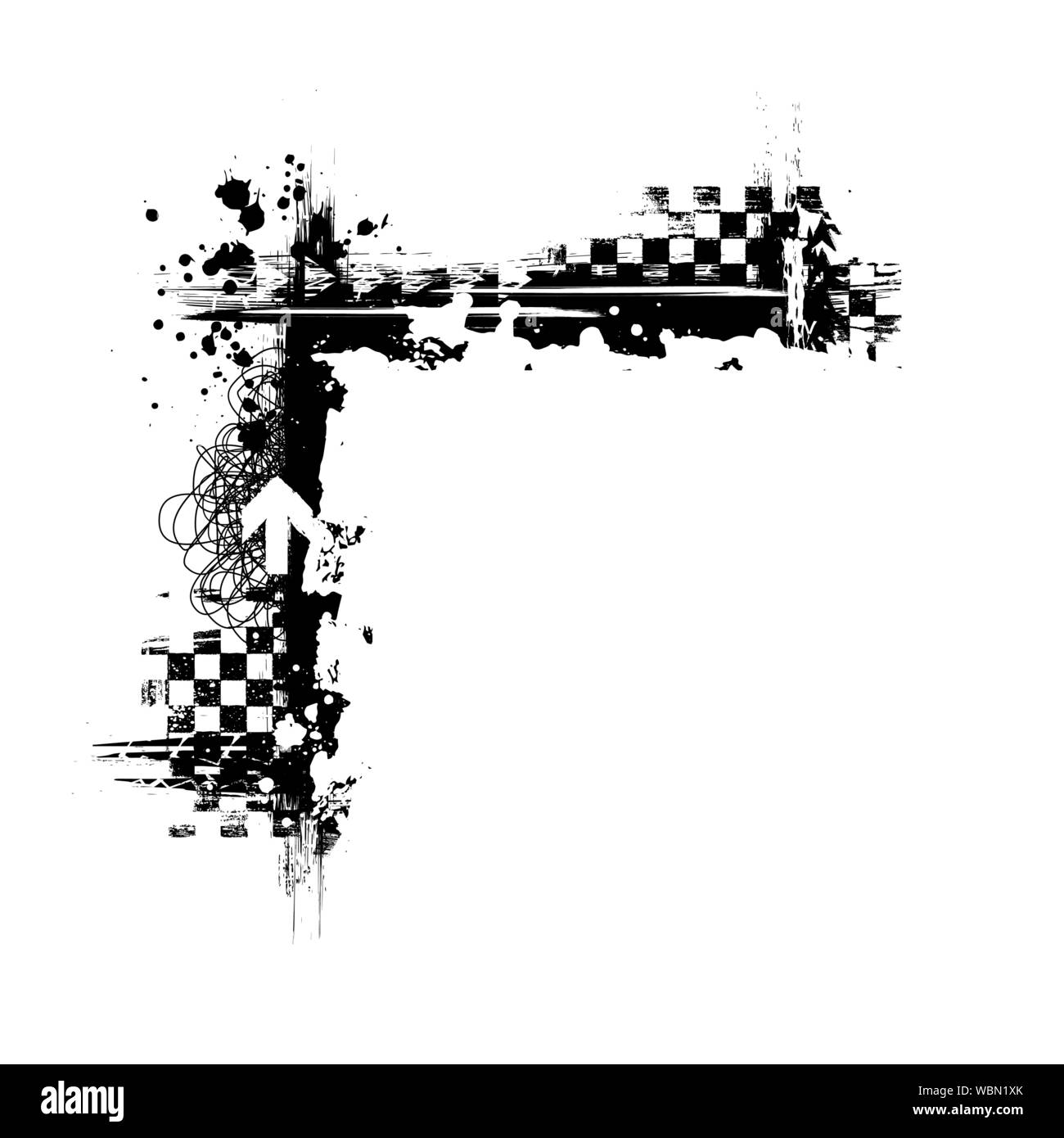 Black grunge square frame corner with race elements isolated on white ...