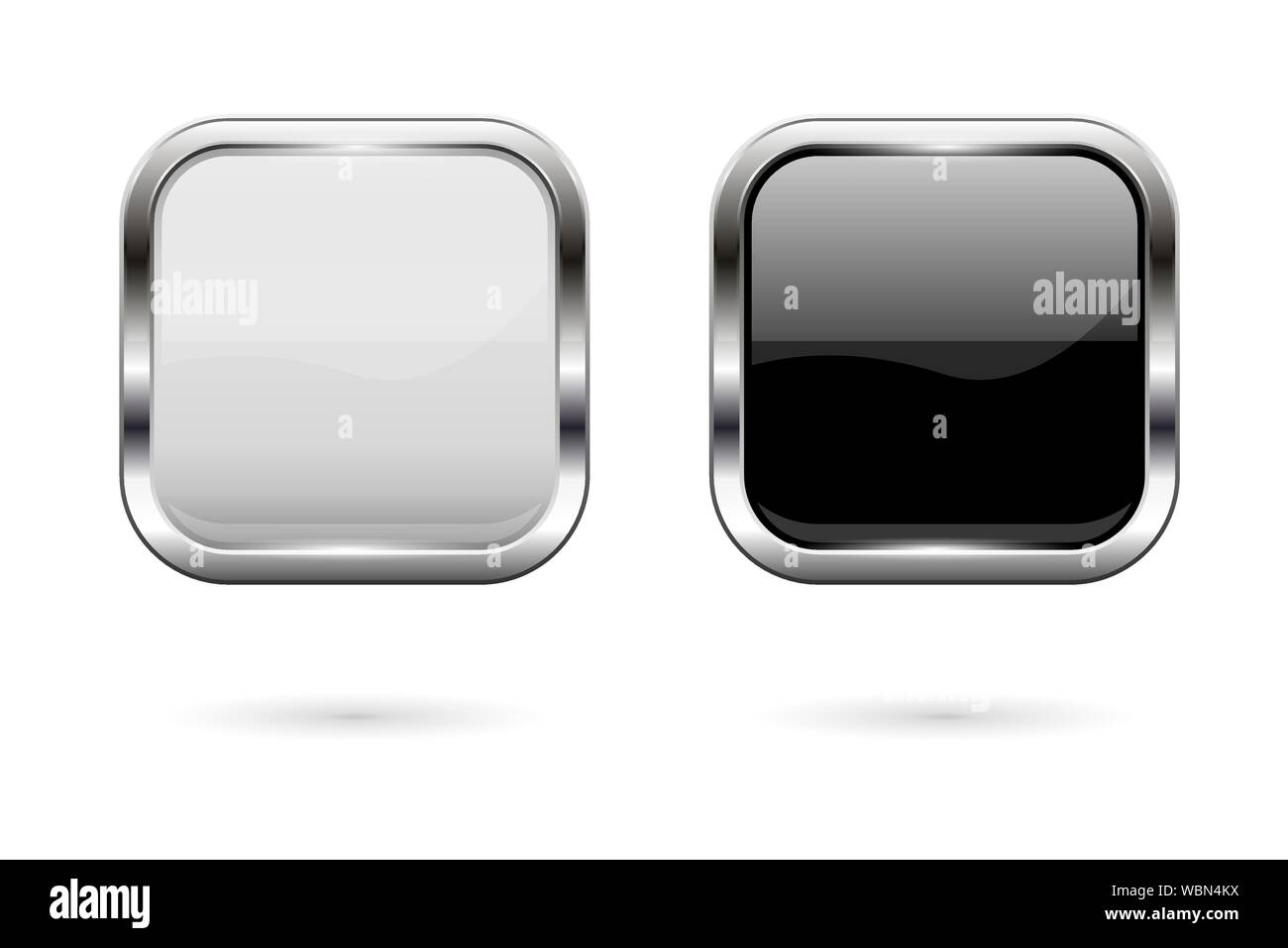 Square glass buttons. Black and white icons with metal frame Stock ...