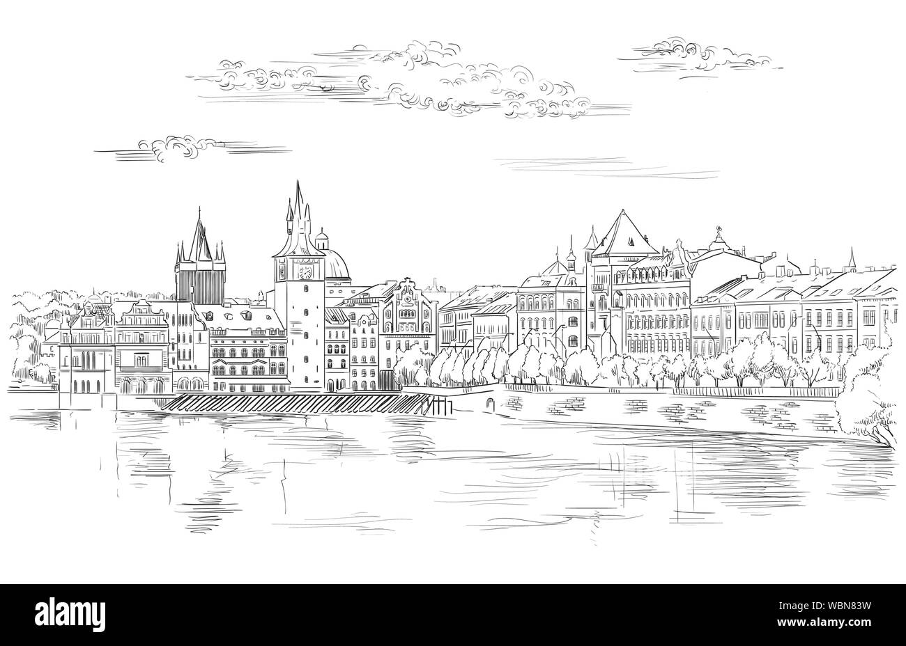 Vector hand drawing Illustration of Prague old city panorama, river ...