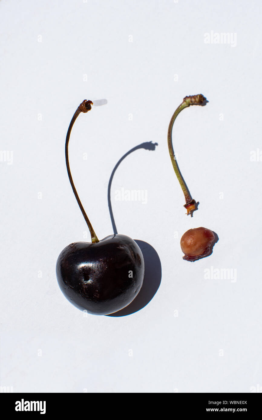 One normal red bing cherry next to one stem of an eaten cherry fruit ...