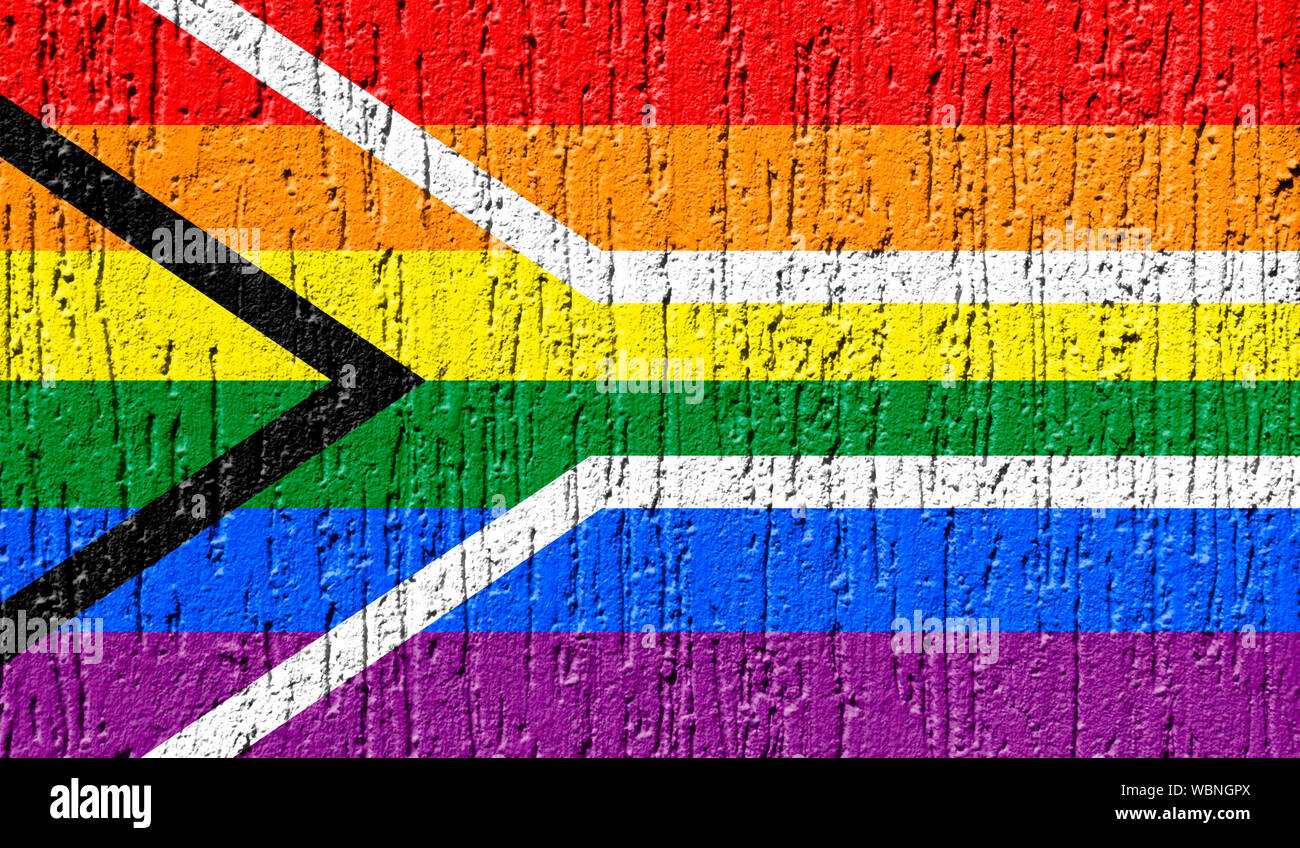 Flag of Gay pride Flag of South Africa close up painted on a cracked ...