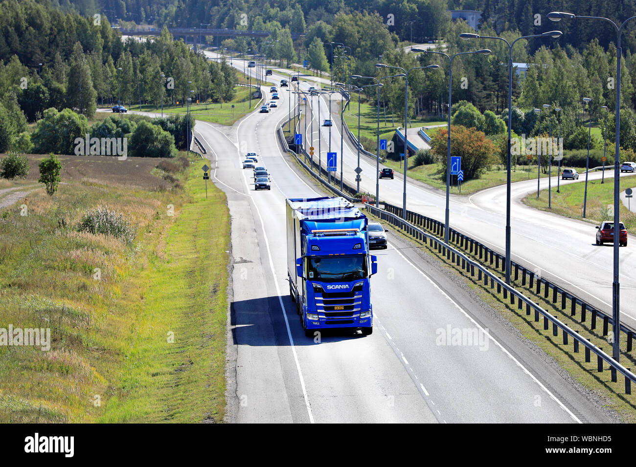 Turku, Finland. August 24, 2019. Blue Next Generation Scania S650 truck ...
