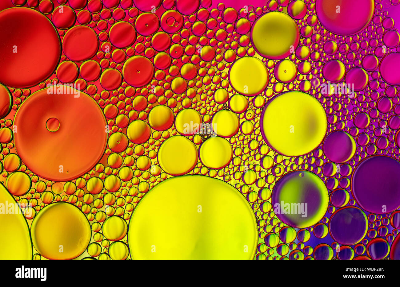 Multi-coloured bubble patterns formed by oil floating on water Stock ...