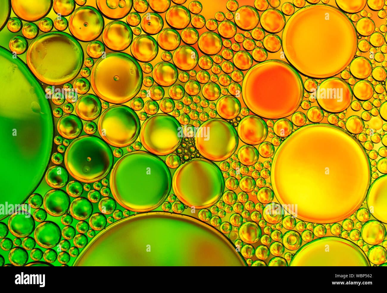 Multi-coloured bubble patterns formed by oil floating on water Stock ...