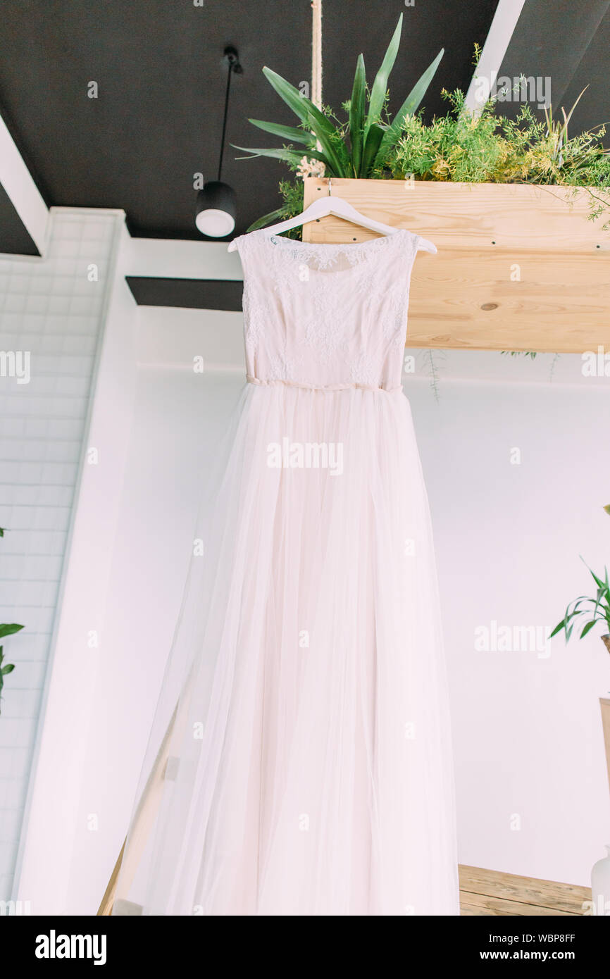 wedding dress. Wedding dress placed in the room waiting for the bride ...