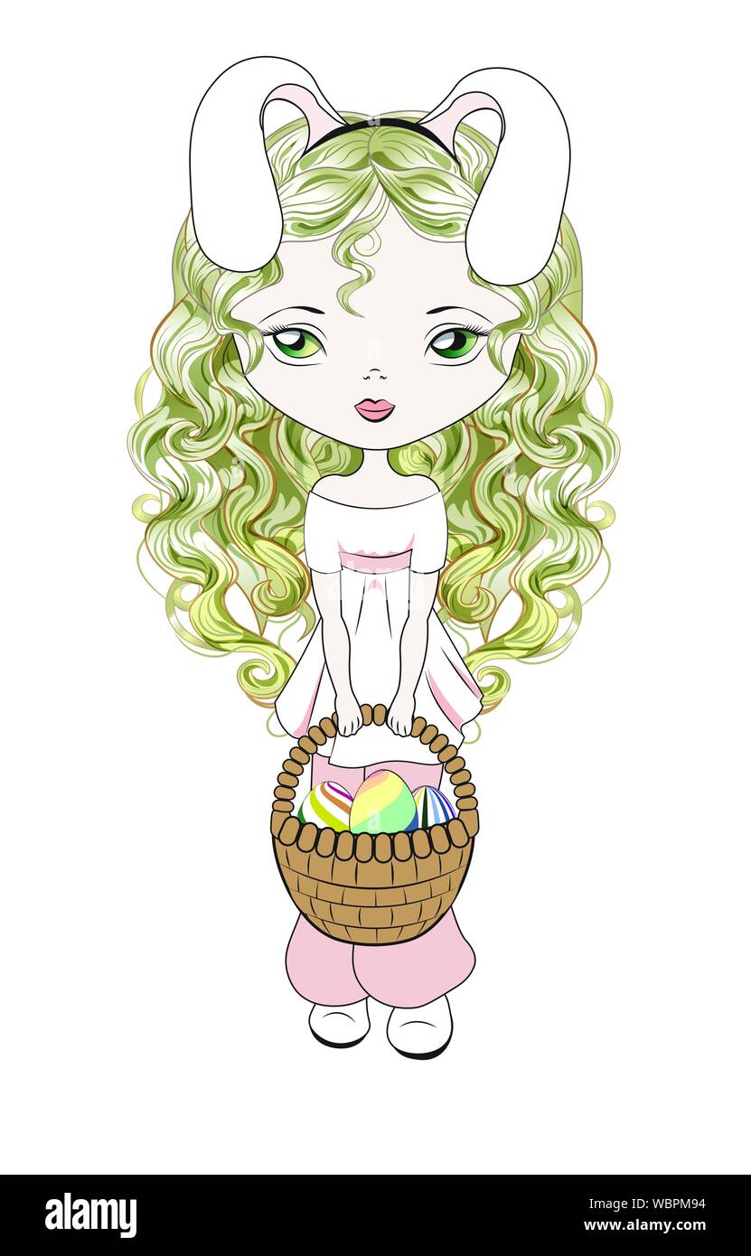 The lovely easter girl, with a basket with eggs, and rabbit ears Stock ...