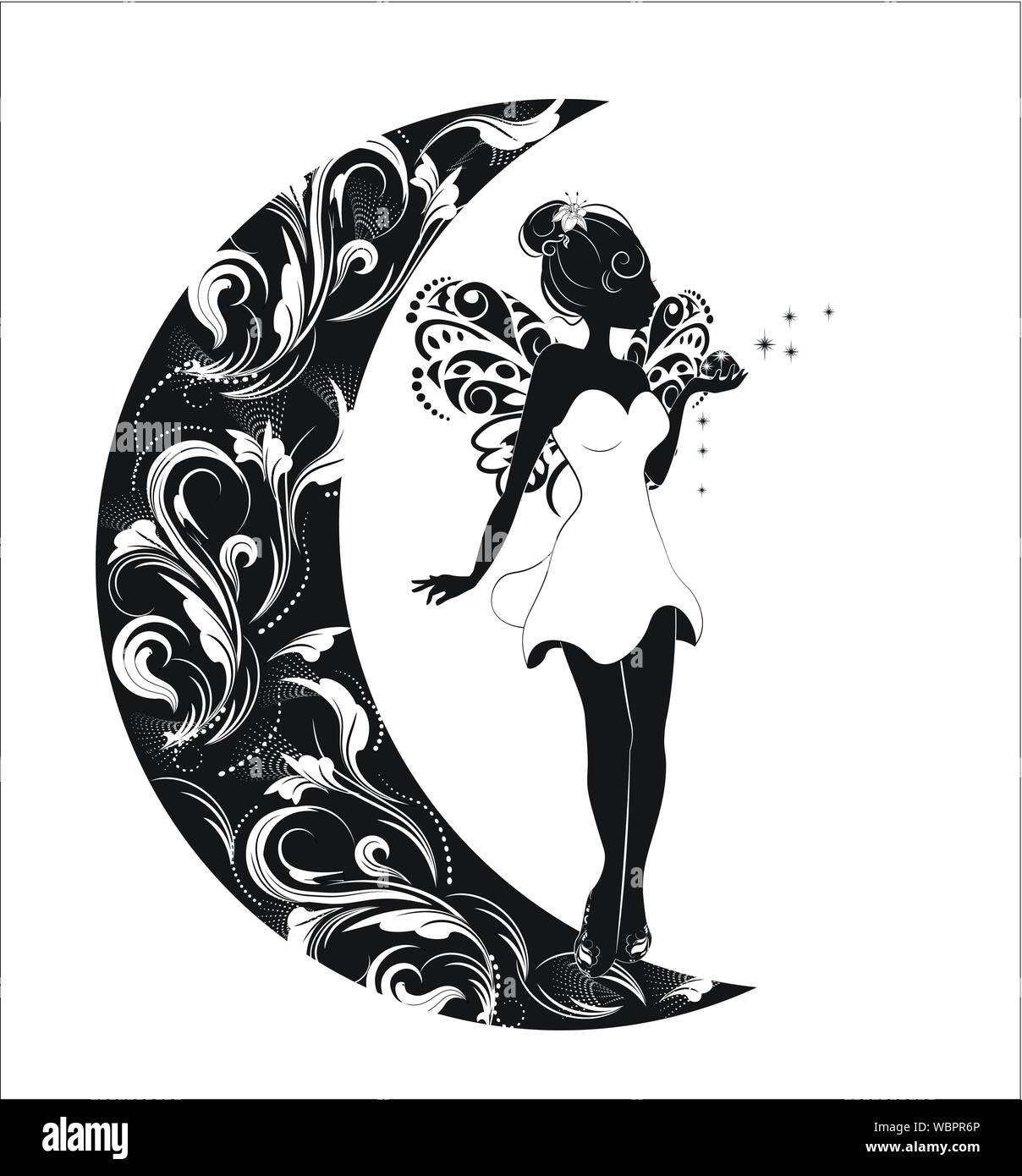 silhouette of the fairy with wings and a magic dust, fairy on the moon ...