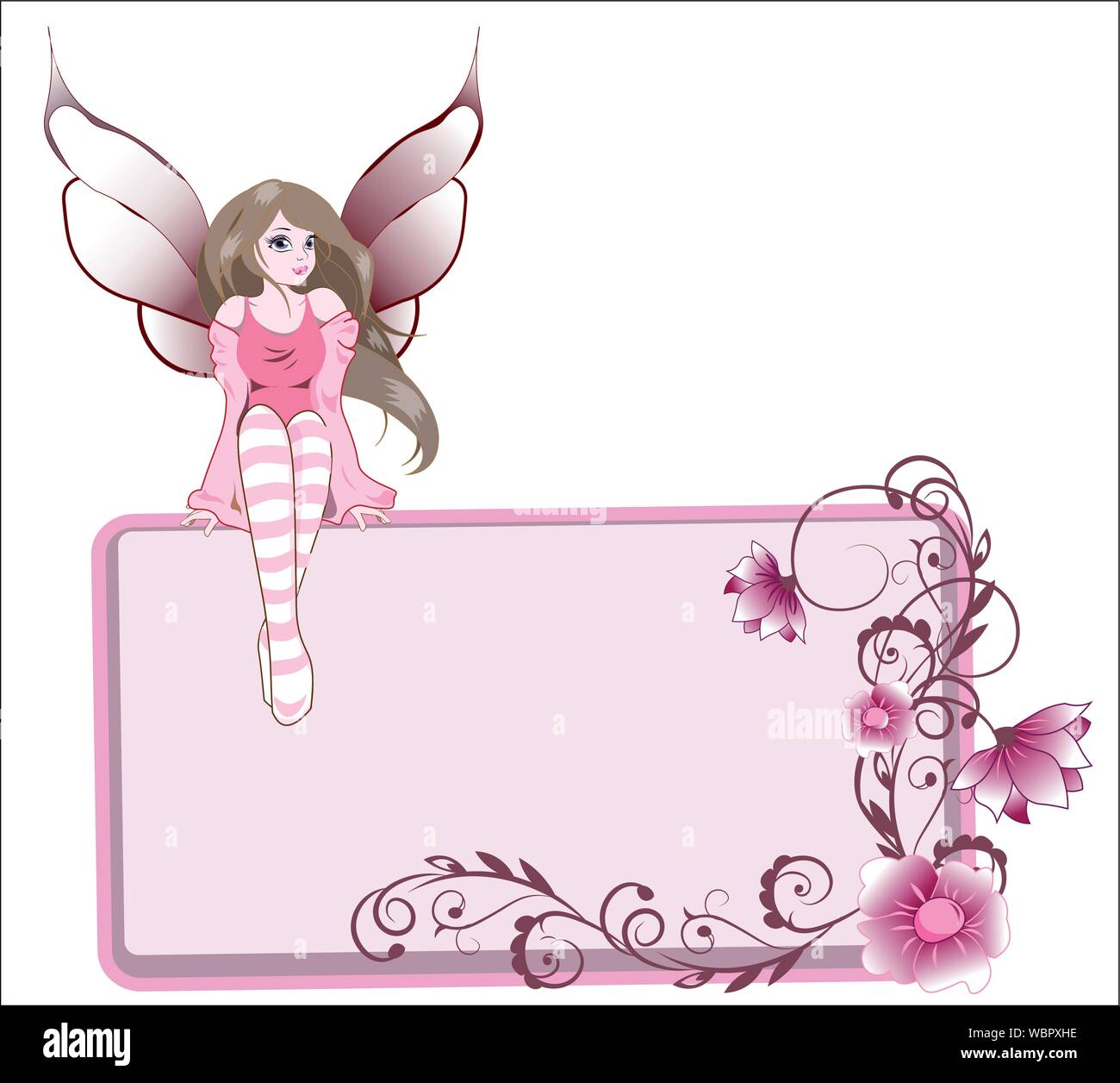 the lovely fairy sits on the frame twisted in the pink flowers and ...