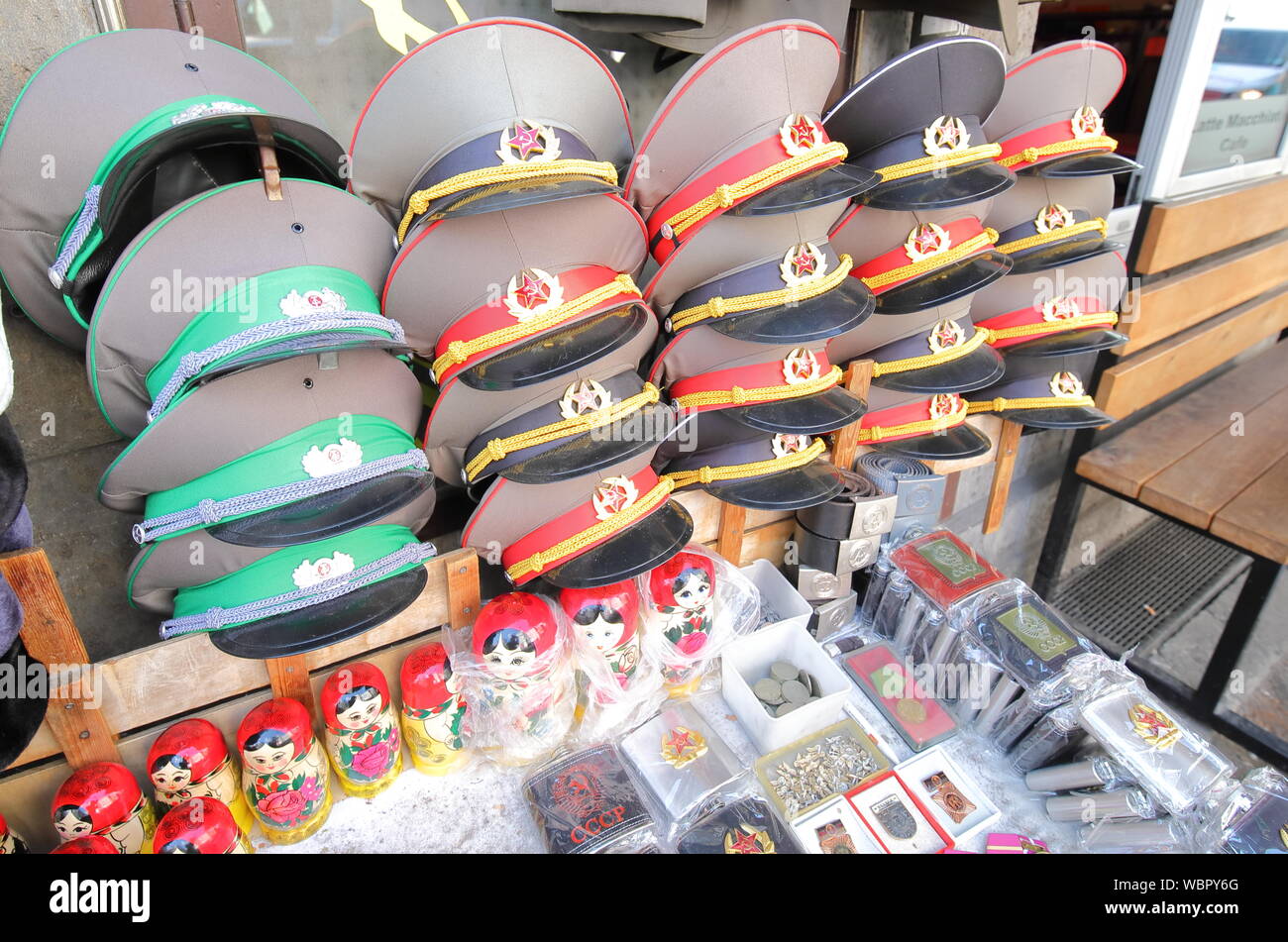 Army hat souvenir display at Checkpoint Charlie Berlin Germany Stock ...