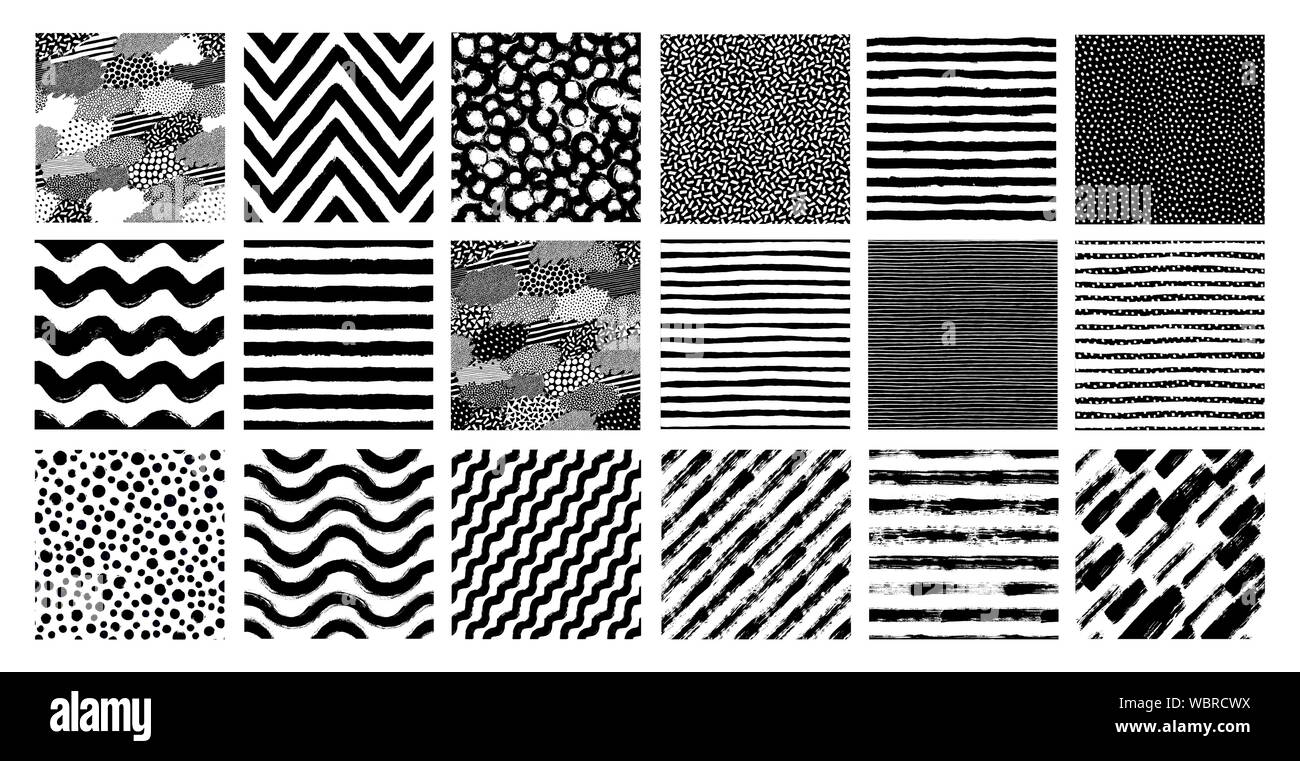 Painted patterns. Seamless brush backgrounds of dots and stripes Stock ...
