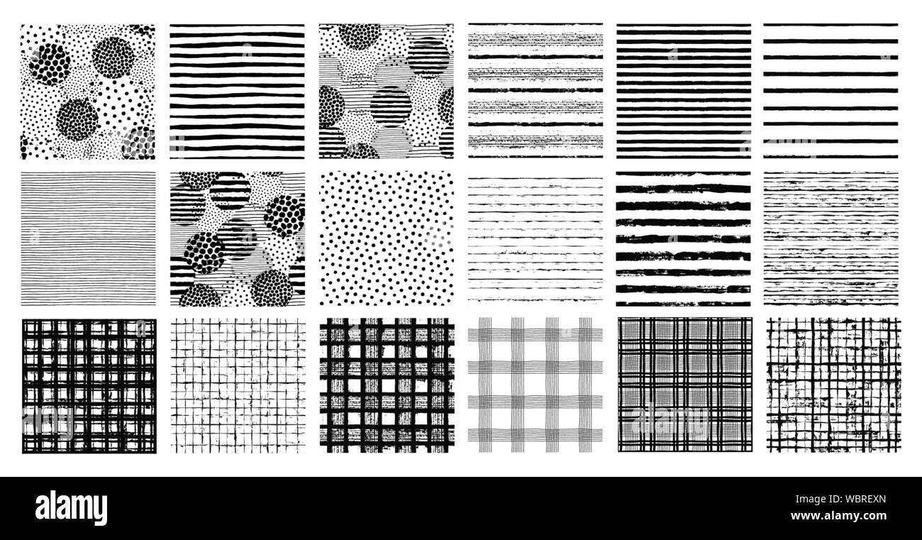 Painted patterns. Seamless brush backgrounds of dots and stripes Stock ...