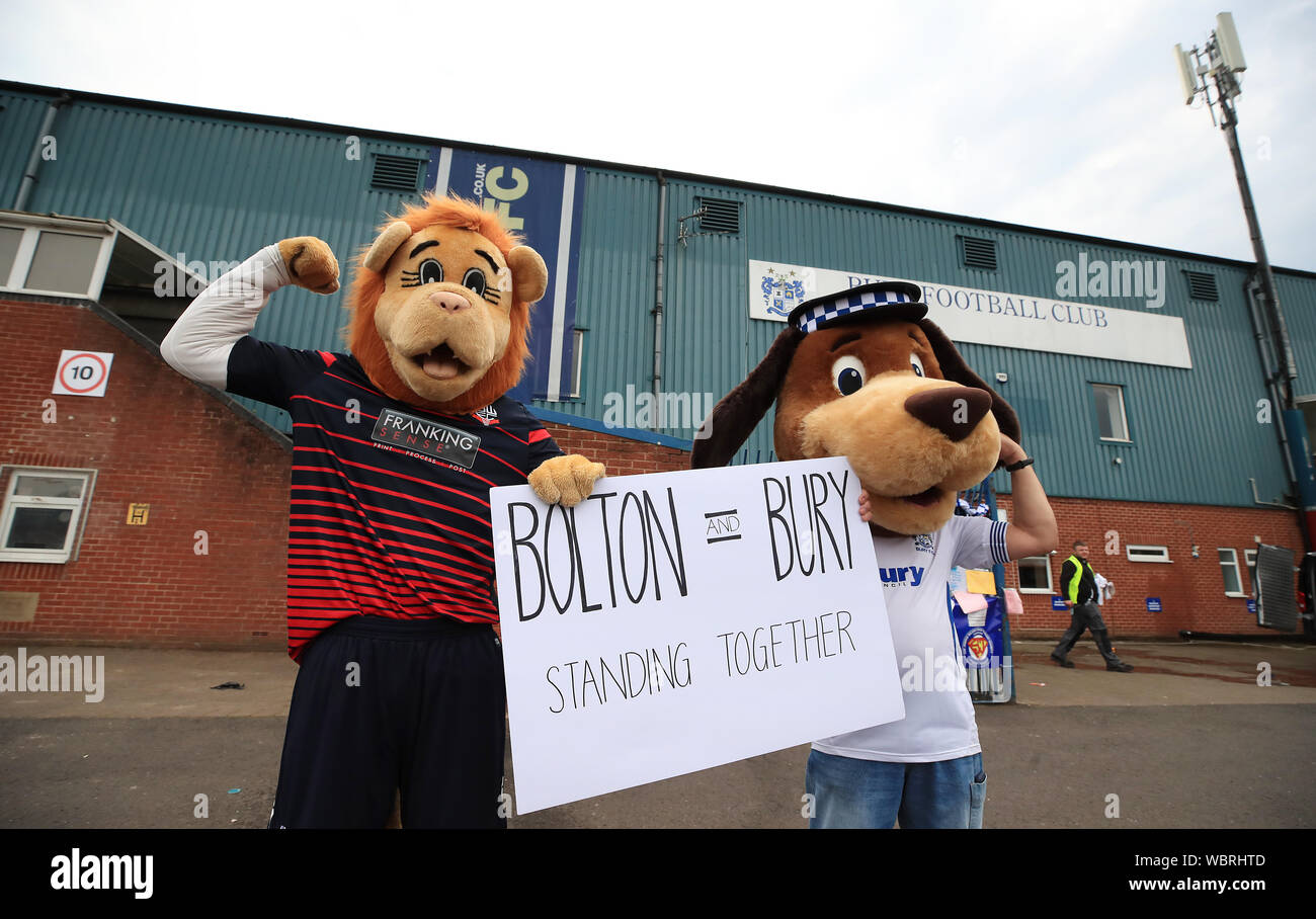 Bolton mascot Lofty the Lion (left) and Bury mascot Robbie the Bobby at ...