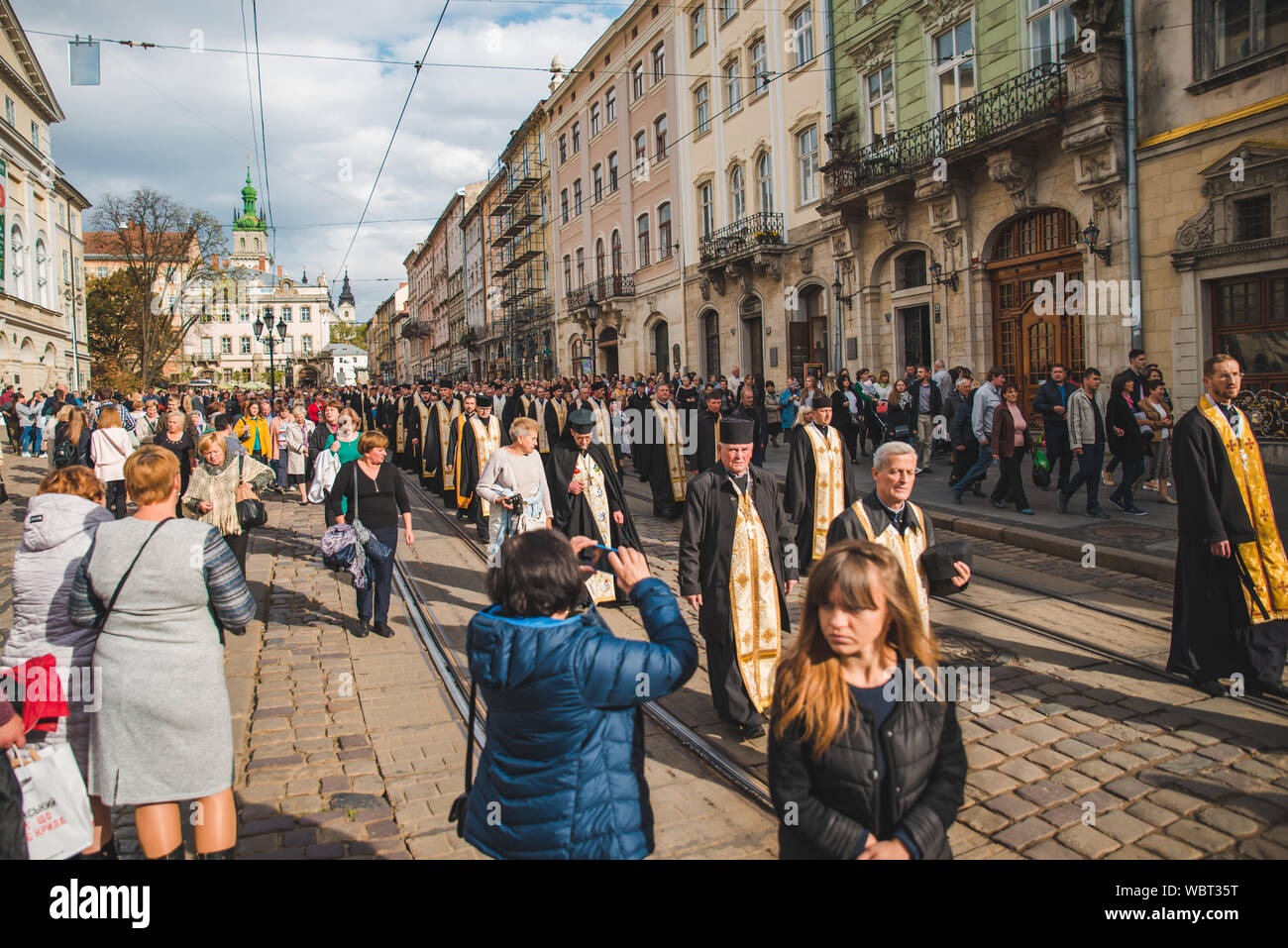 LVIV, UKRAINE - October 7, 2018: religious procession at city streets ...