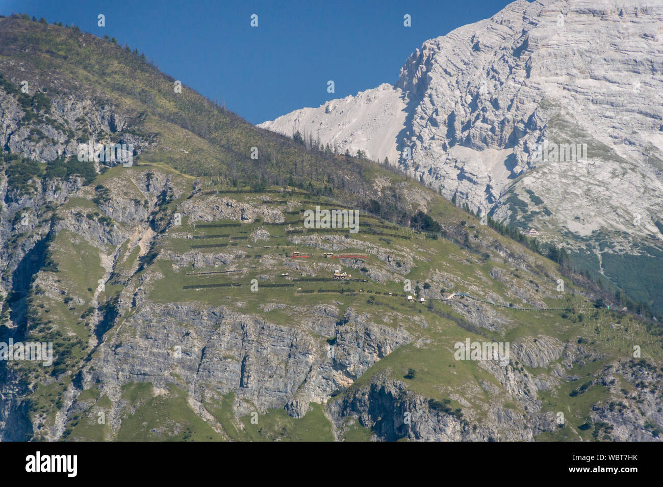 Snow fences for avalanche protection, on the side of the Austrian Alps ...