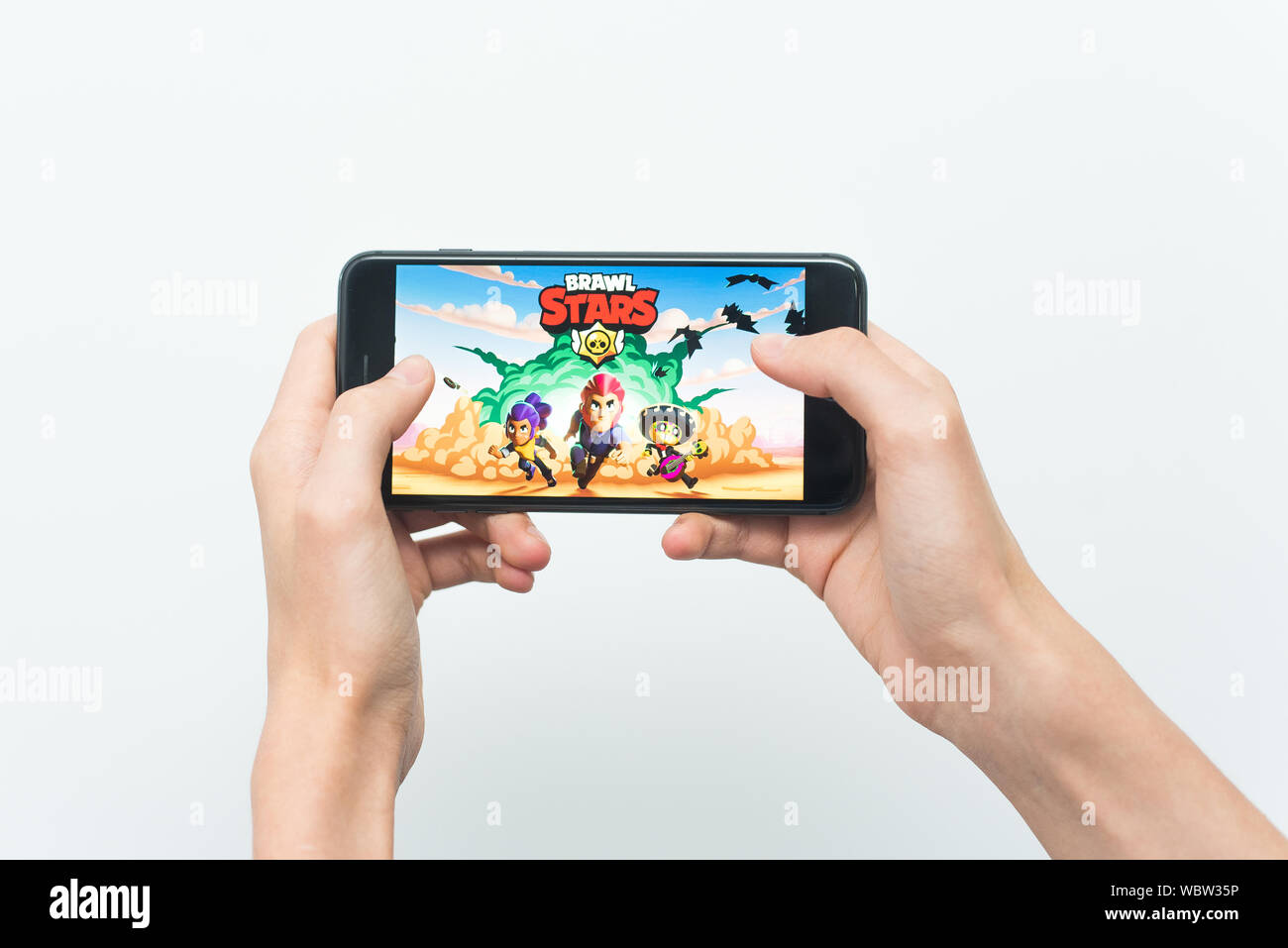 Samara, Russia -07, 29, 2019: A young guy playing brawl stars game on ...