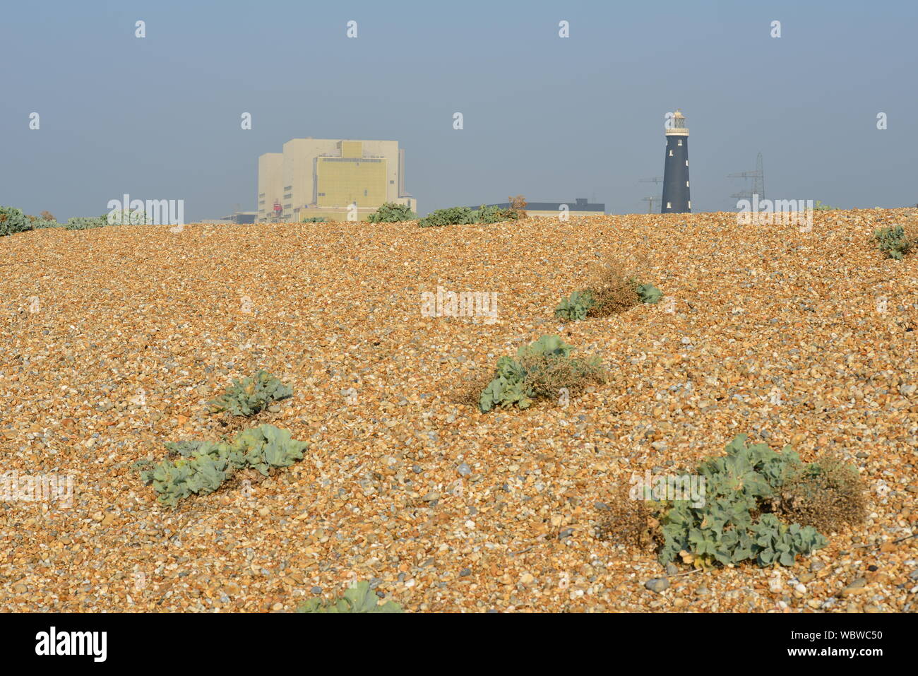 Shingle beach at Dungeness in front of the Nuclear power station and ...