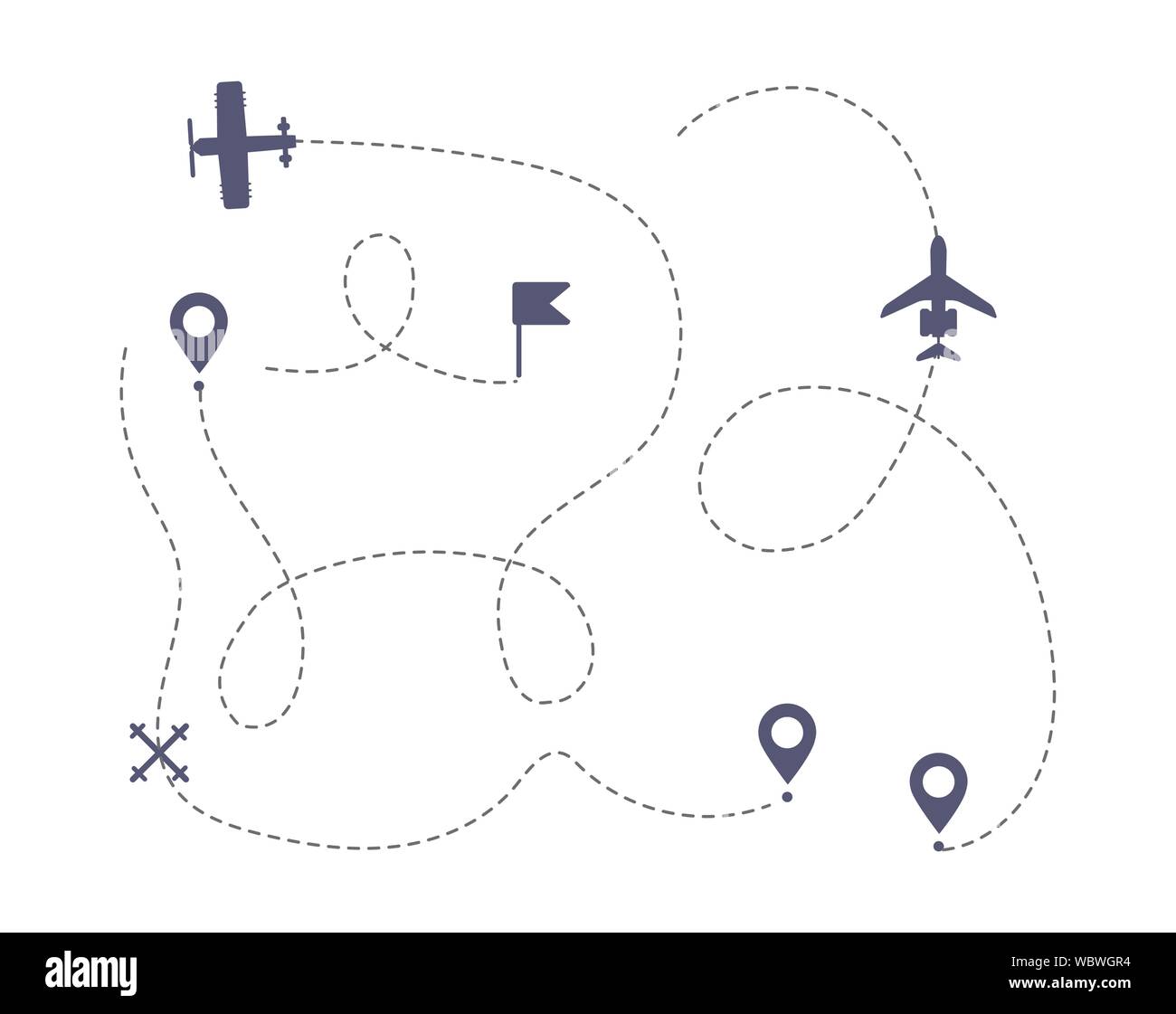Airplane Line Path Vector Icons Of Air Plane Flight Route With Start