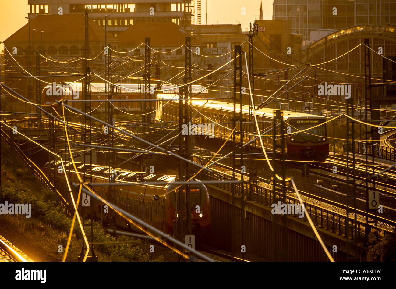 Railway tracks at Warschauer Strasse station in the evening light, S ...