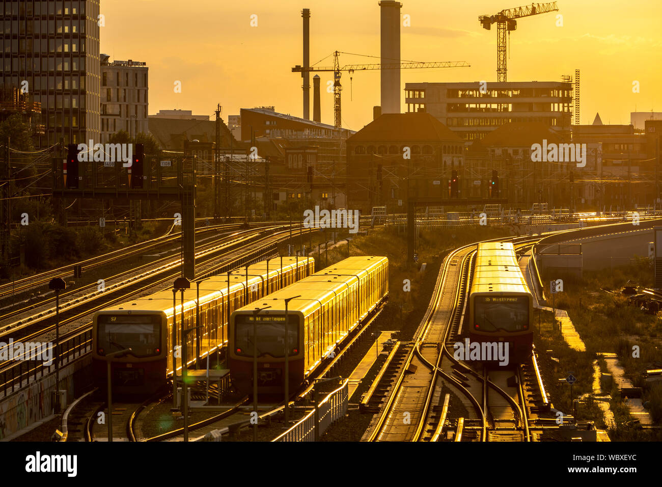 Railway tracks at Warschauer Strasse station in the evening light, S ...