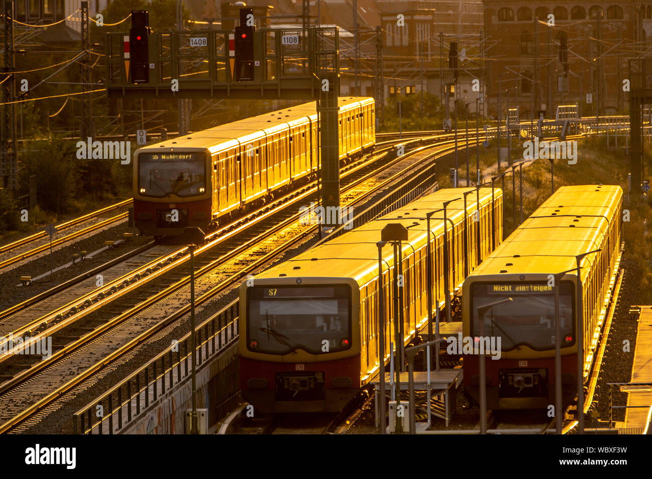 Railway tracks at Warschauer Strasse station in the evening light, S ...