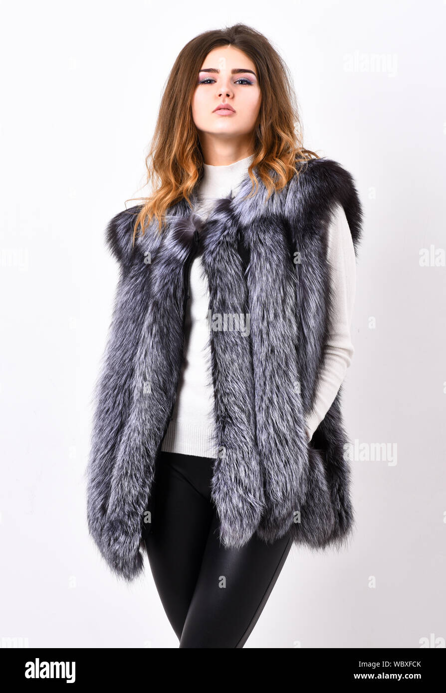 Woman makeup face wear fur vest white background. Silver fur vest ...
