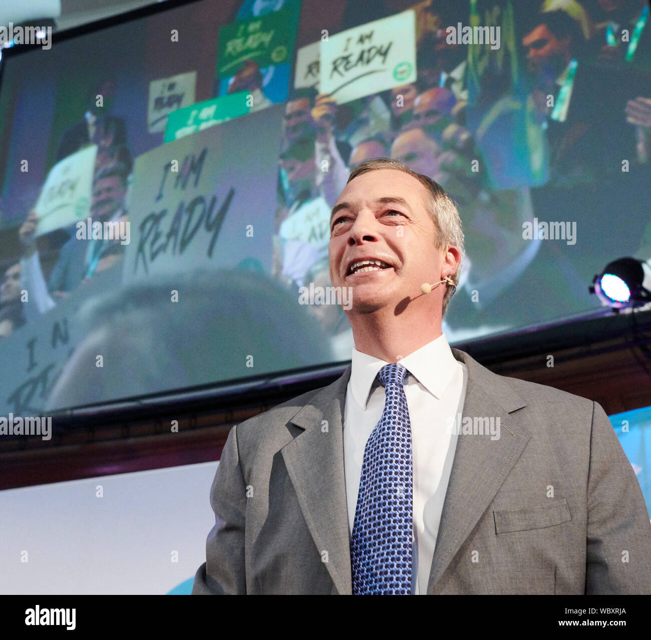 London, UK. 27th August 2019, Nigel Farage at The Emmanuel Centre, as ...