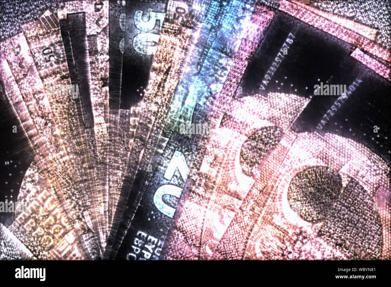 Illustration of glowing euro banknotes with a kirlian aura around them ...