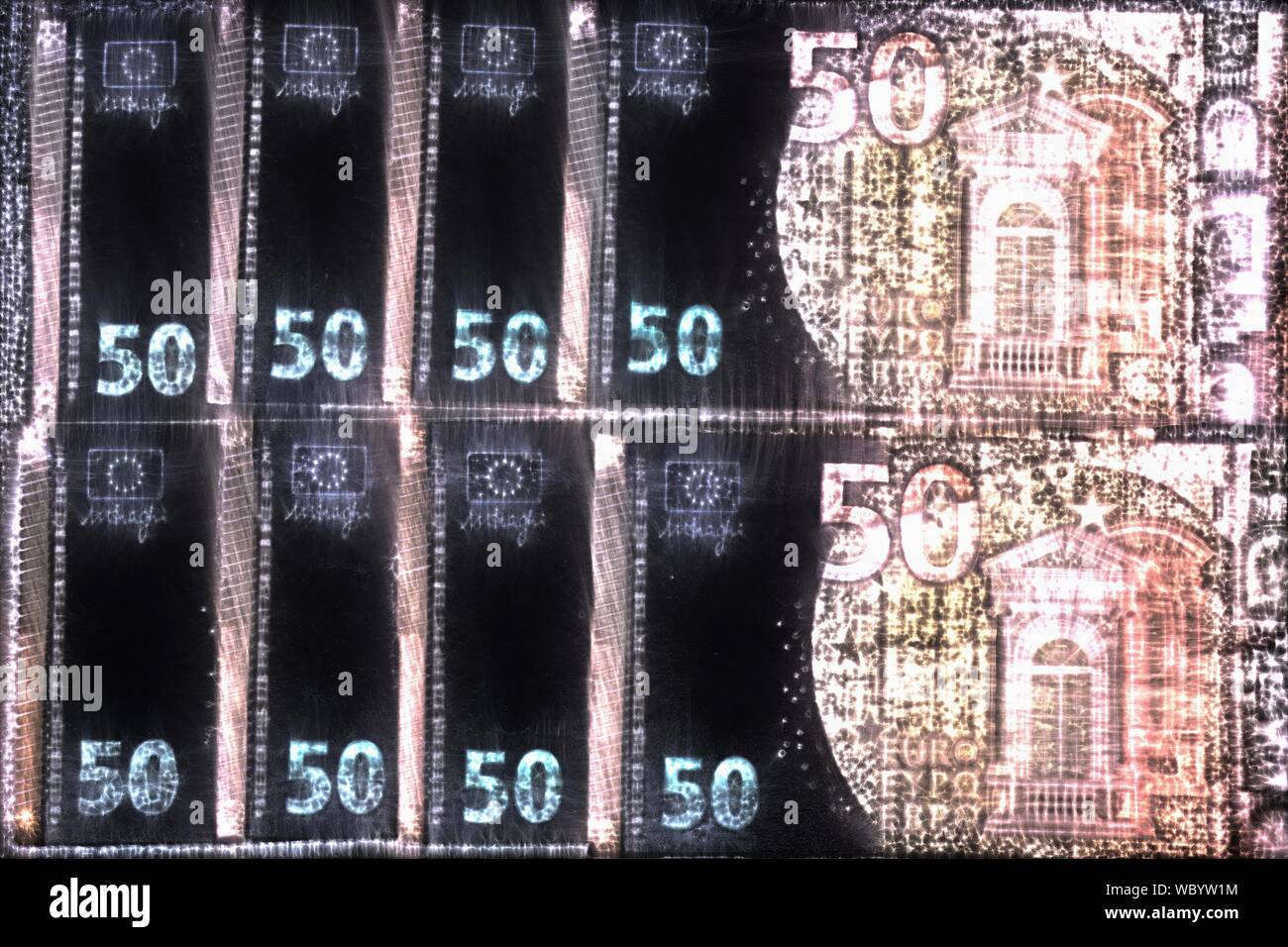 Illustration of glowing euro banknotes with a kirlian aura around them ...