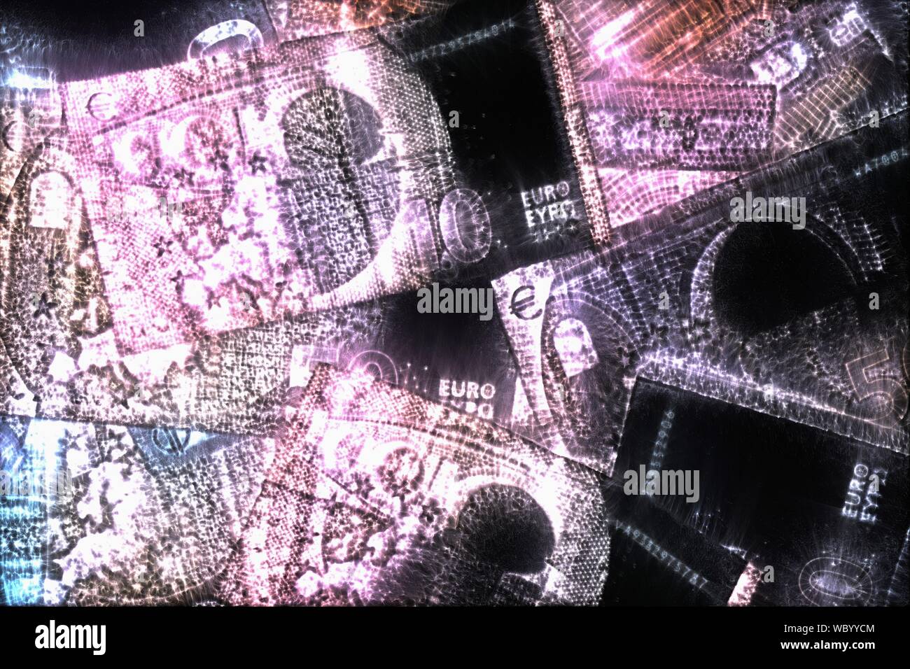 Illustration of glowing euro banknotes with a kirlian aura around them ...