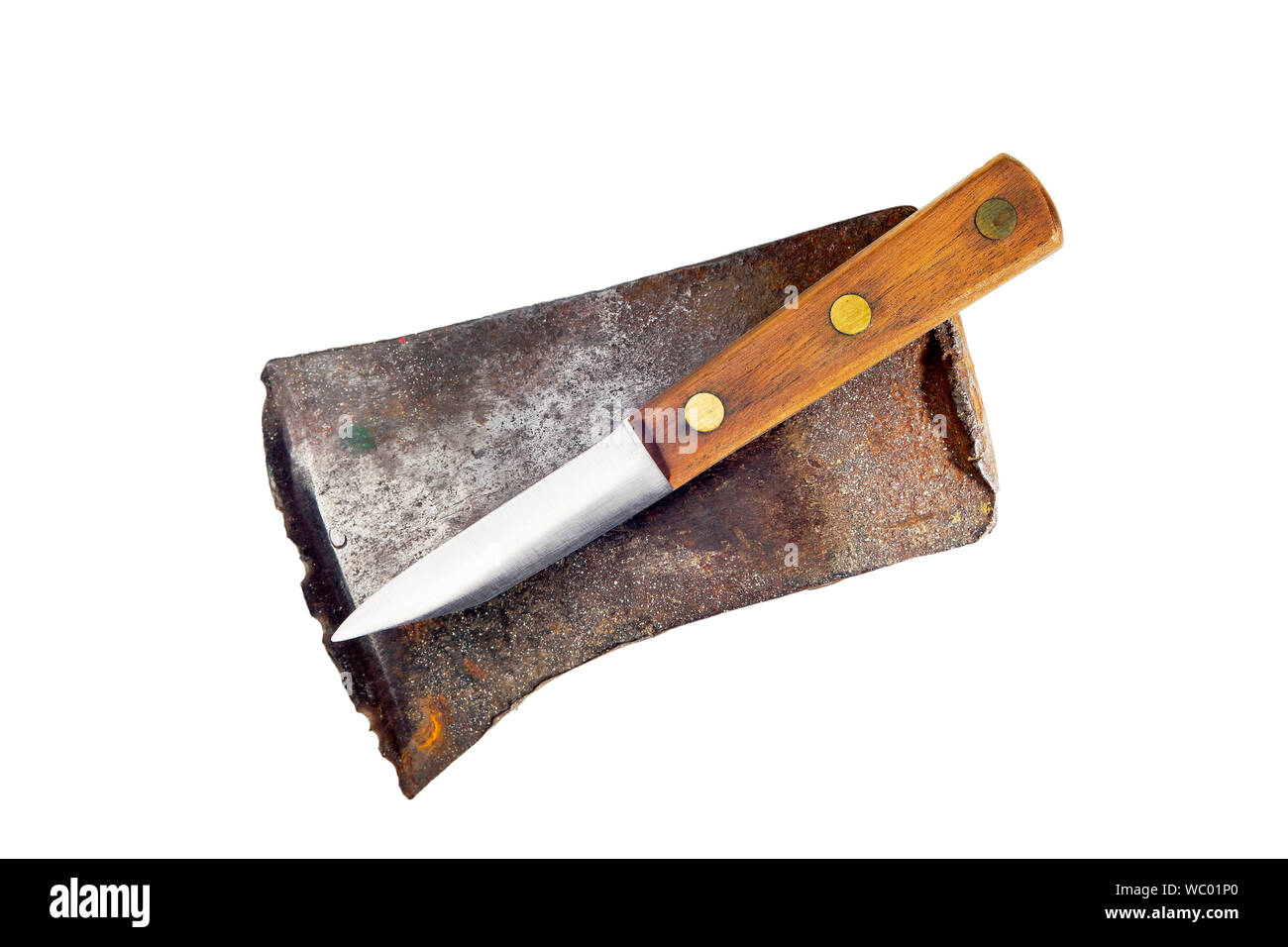 Old ax head and new kitchen knife isolated on white background Stock ...