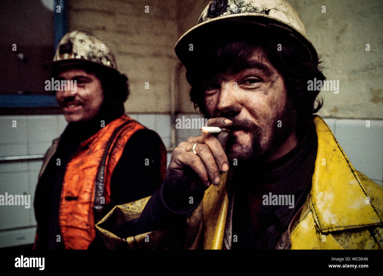 Blyth Colliery Northumberland UK. 1977 Miners coming off shift after a ...