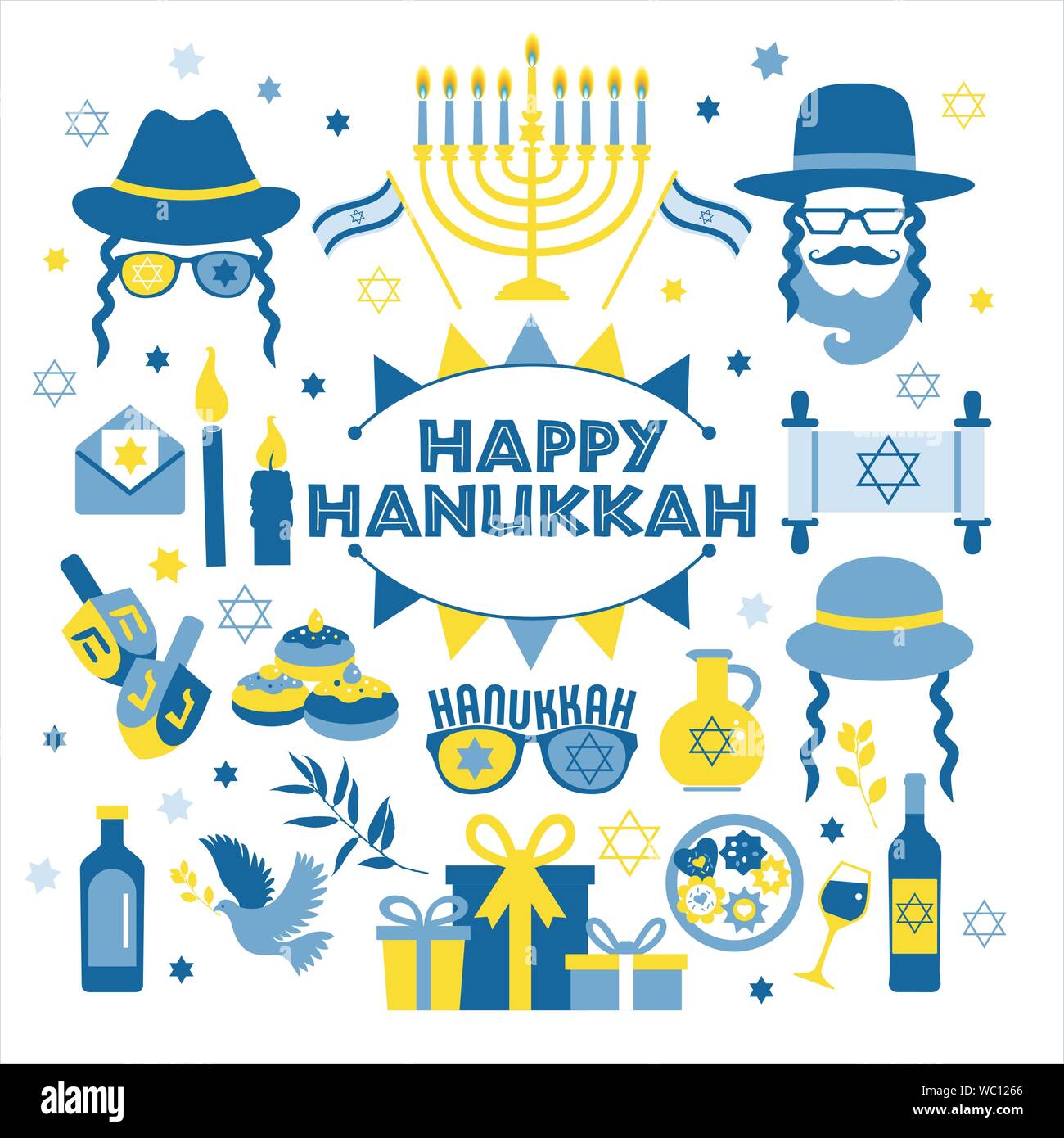 Jewish holiday Hanukkah greeting card traditional Chanukah symbols ...
