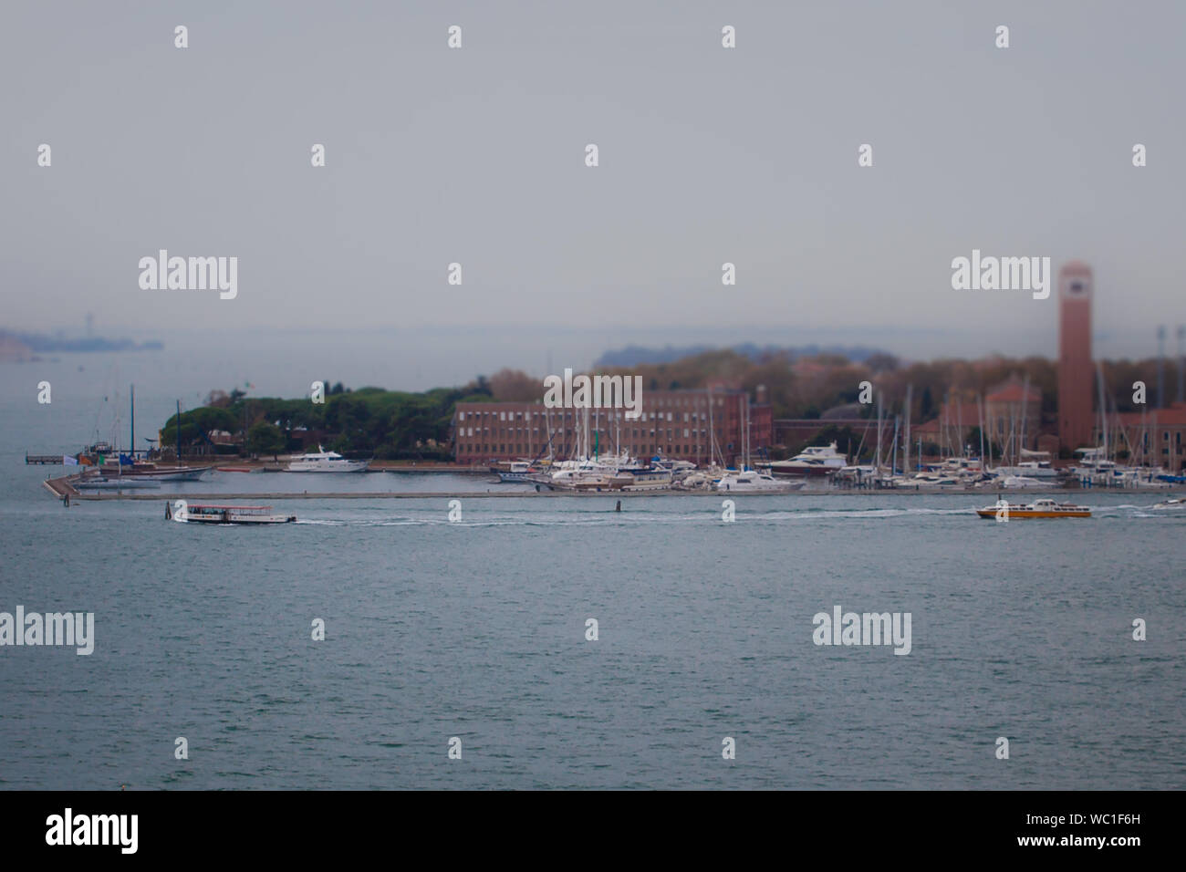 Tilt shift effect of marina of the island of Sant'Elena Stock Photo - Alamy