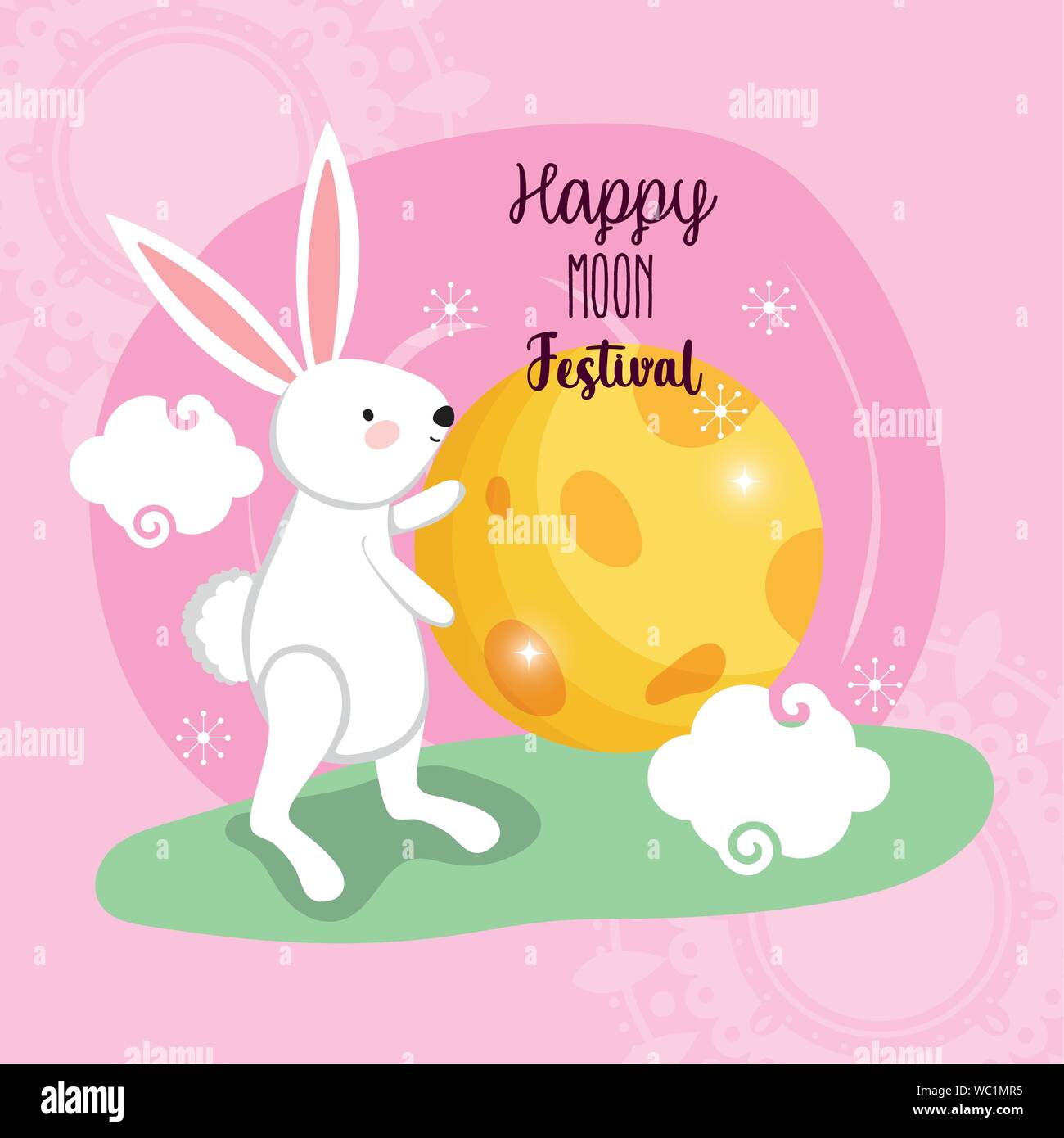 rabbit clouds cartoon happy moon festival vector illustration Stock ...