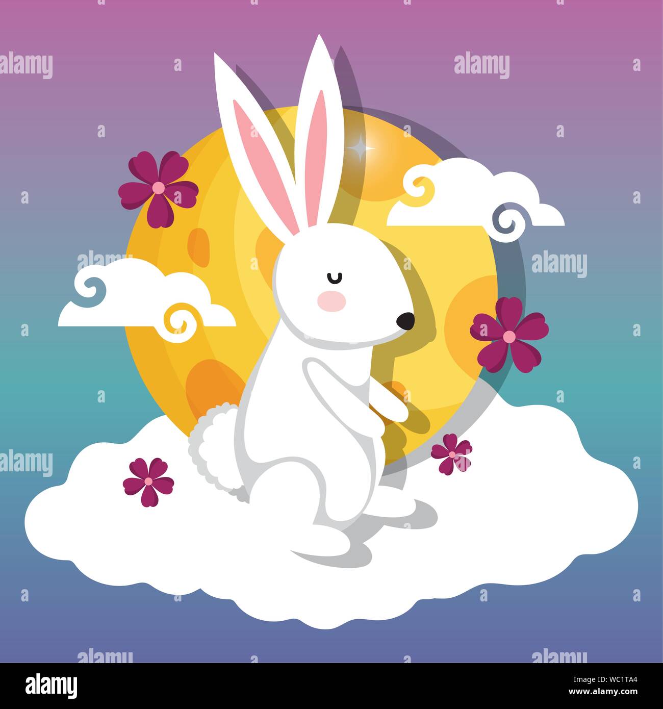 rabbit sitting in the cloud flowers decoration happy moon festival ...