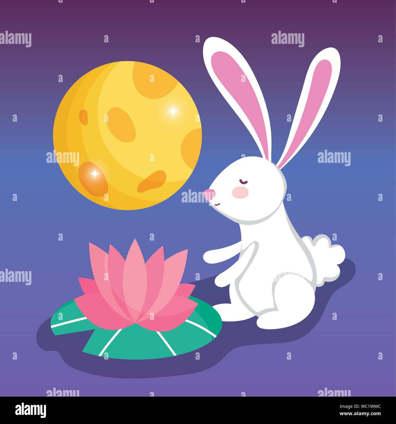rabbit flower lotus decoration happy moon festival vector illustration ...