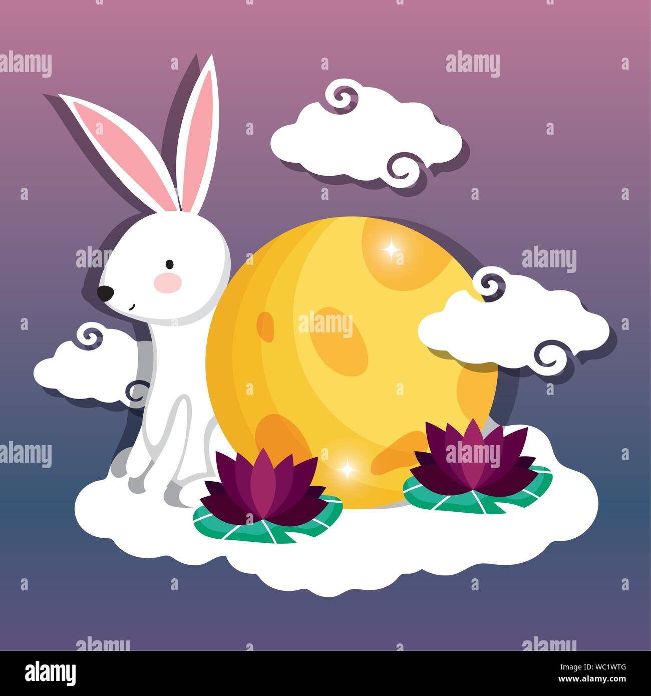 rabbit lotus flowers clouds happy moon festival vector illustration ...
