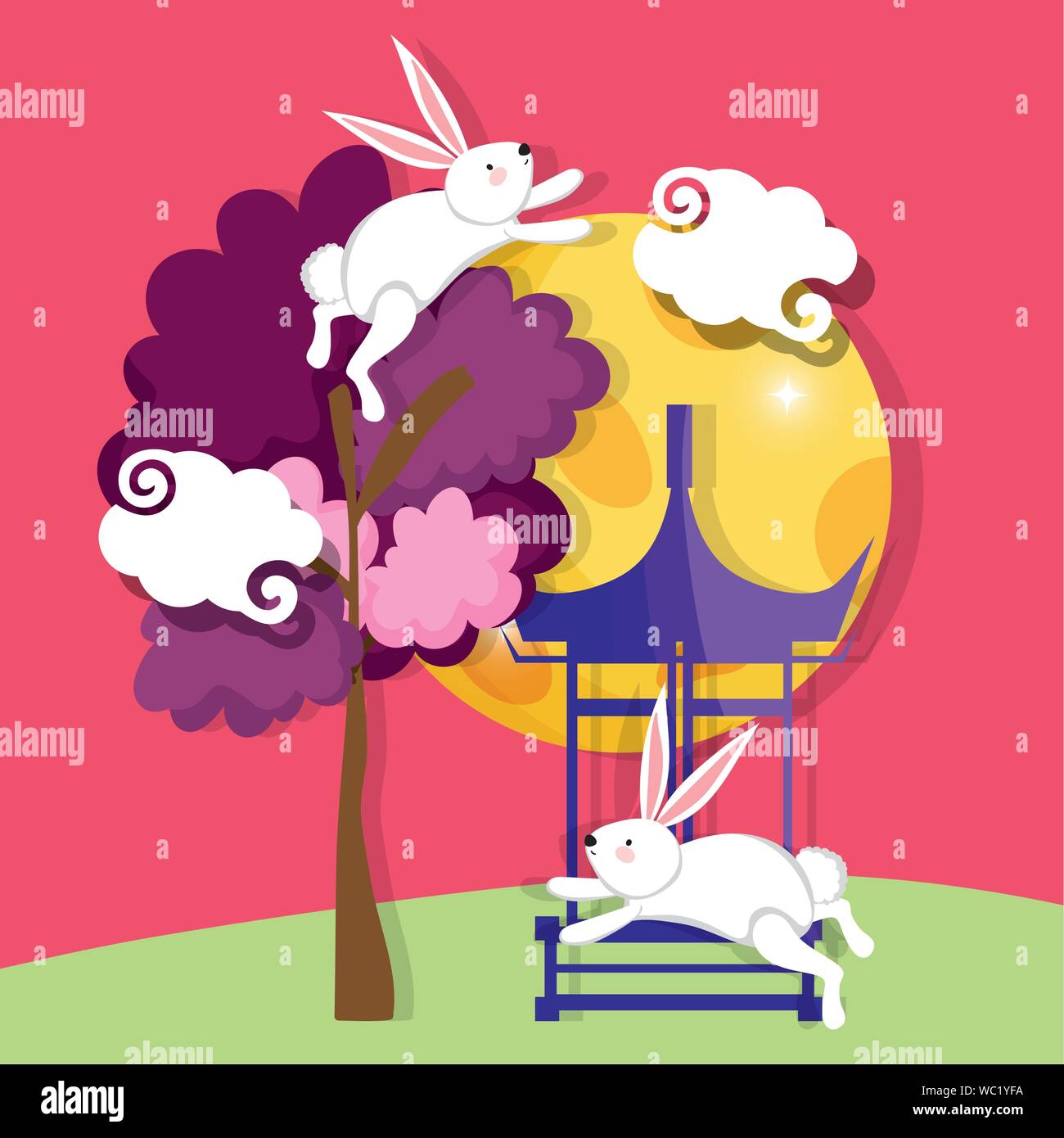 rabbits chinese celebration happy moon festival vector illustration ...