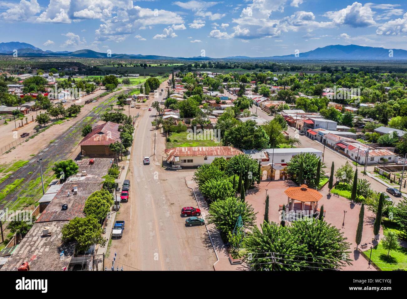 Aerial view of railway station in the village Esqueda, Sonora, Mexico ...