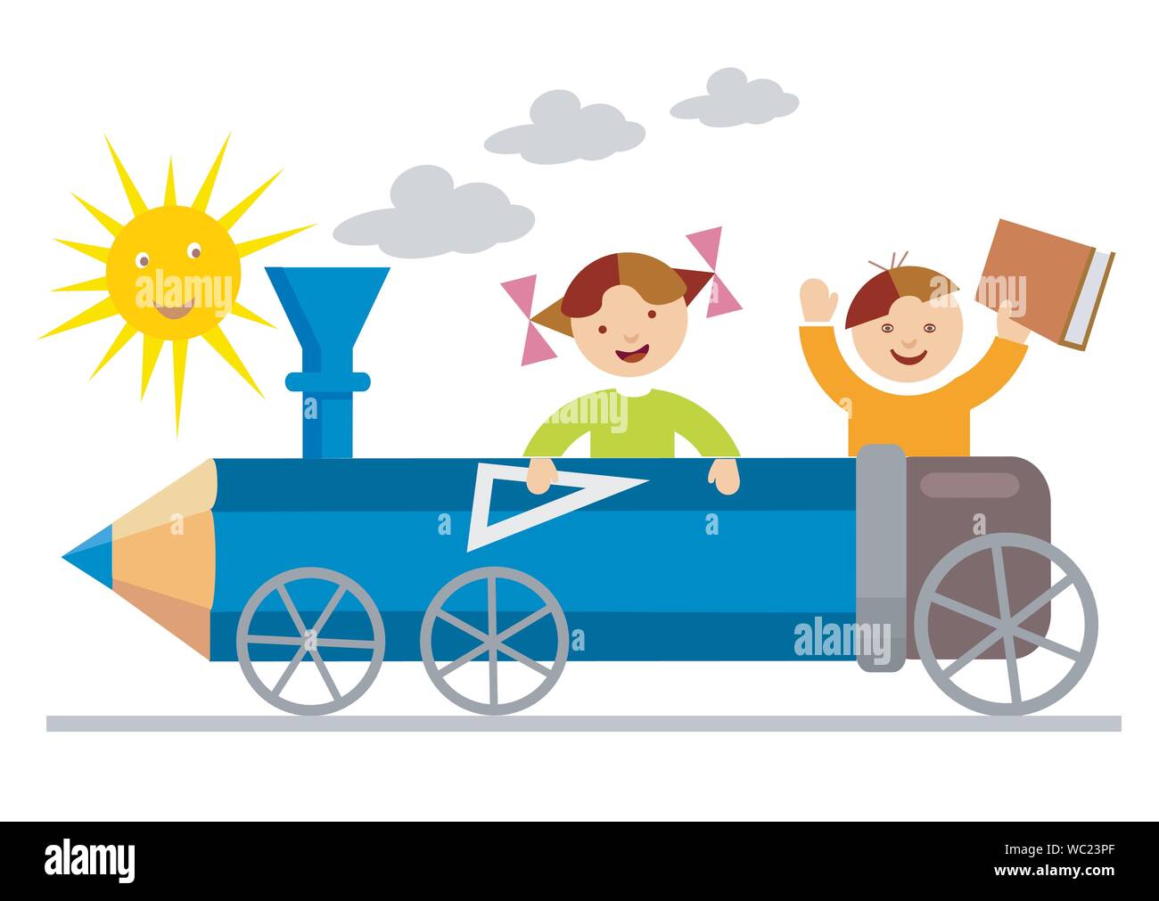 Little children, Pupils on crayon locomotive.Isolated on white ...