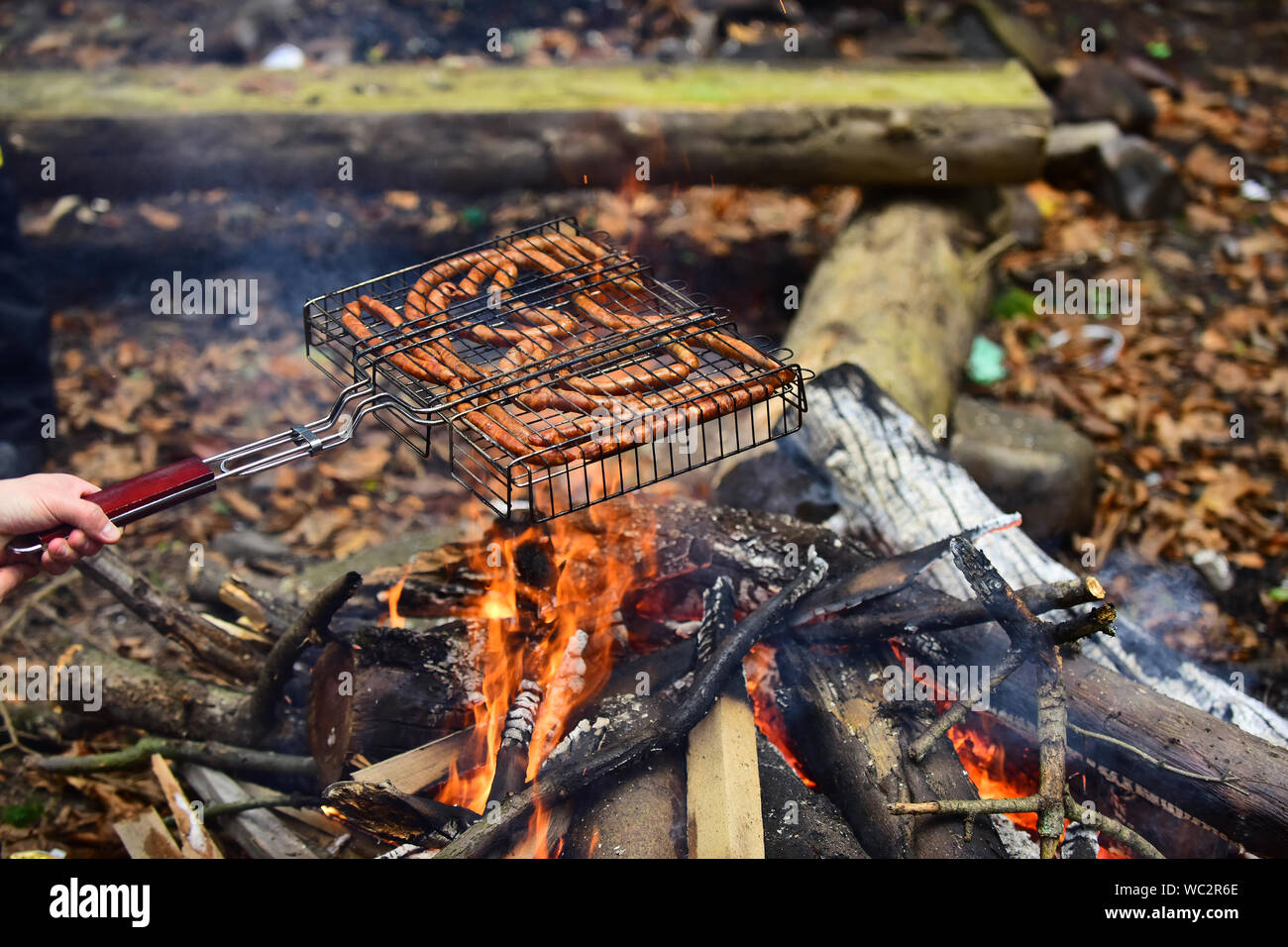 Autumn barbecue in nature - sausages fried on fire Stock Photo - Alamy