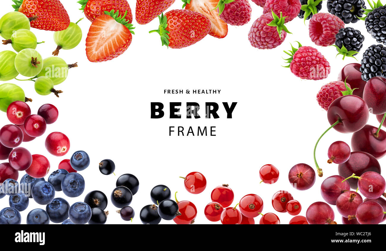 Berries isolated on white background, frame made of different flying ...
