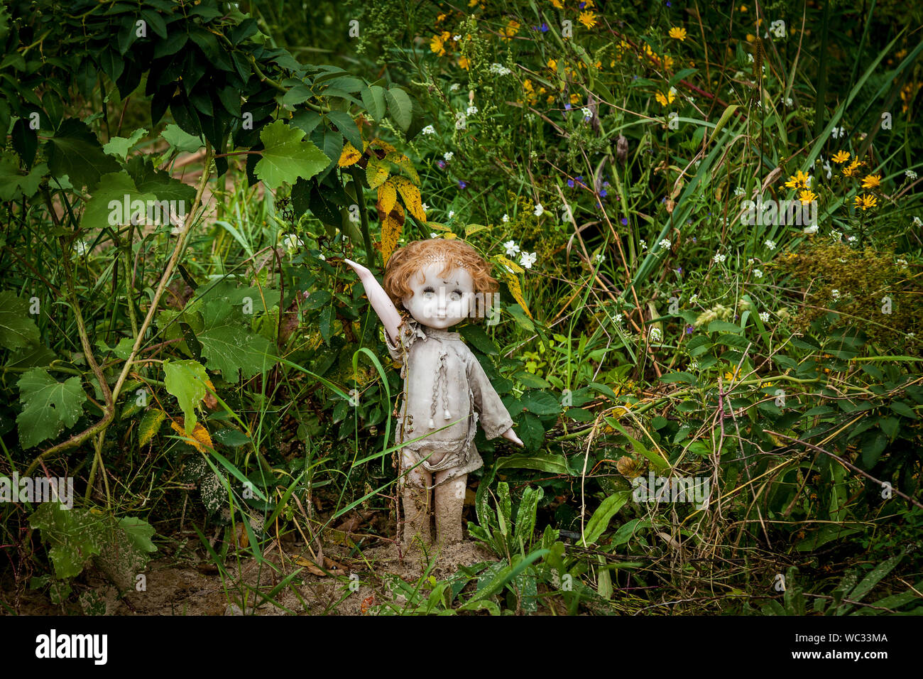 A doll in an abandoned kindergarten building after the explosion of the ...