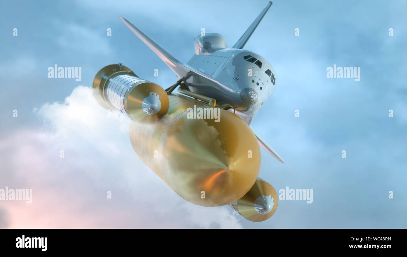 Space Shuttle Flying Over The Clouds. 3d illustration Stock Photo - Alamy