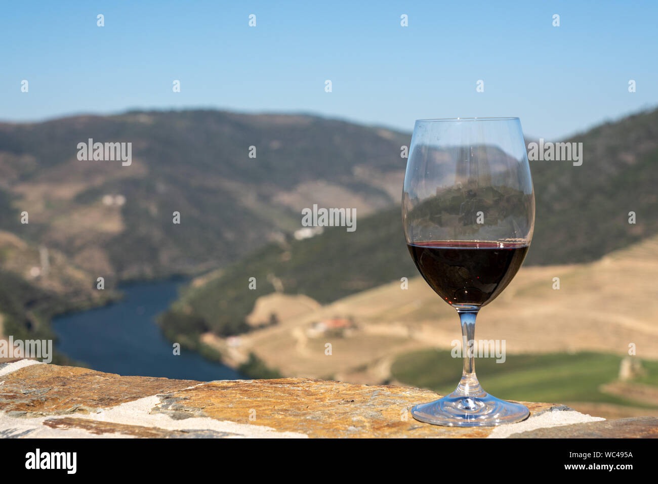 Glass of red wine above the valley of the River Douro in Portugal Stock ...