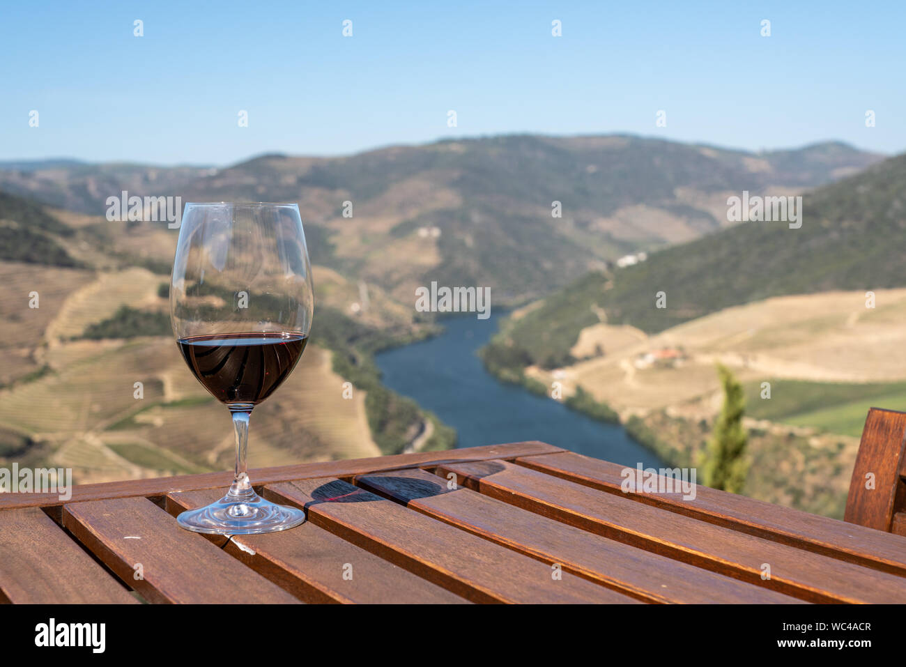 Glass of red wine above the valley of the River Douro in Portugal Stock ...