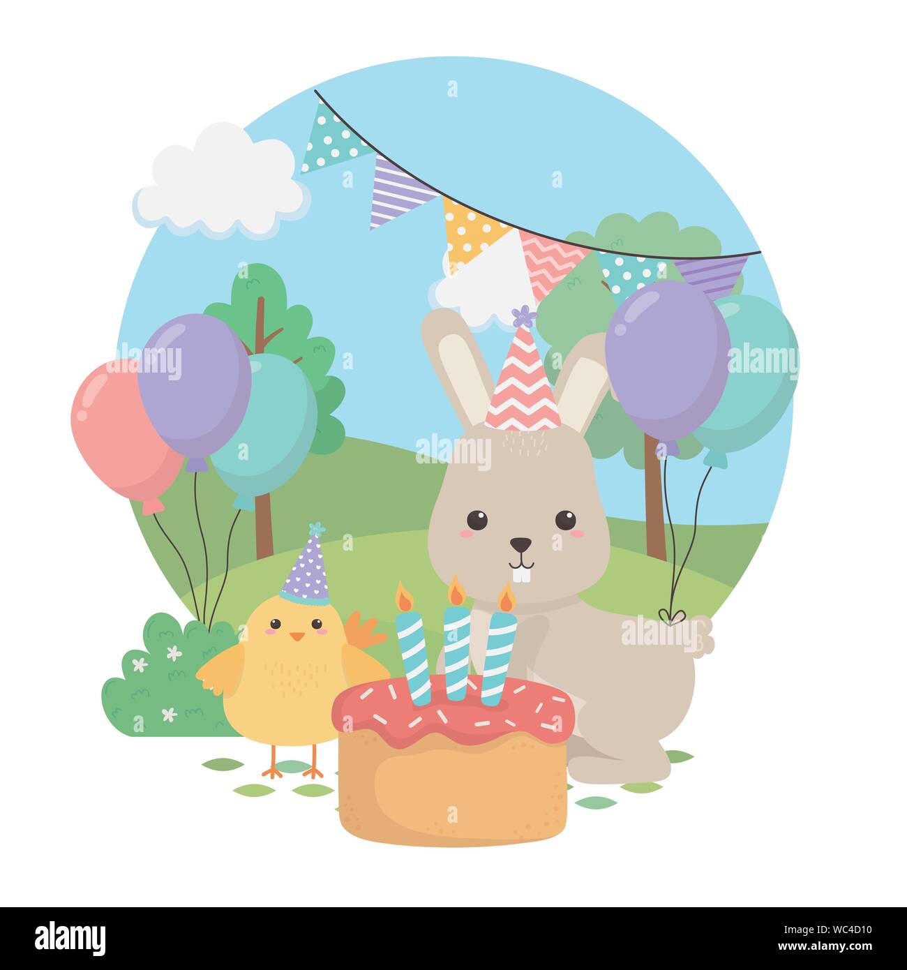 cute rabbit and chick in birthday party vector illustration design ...